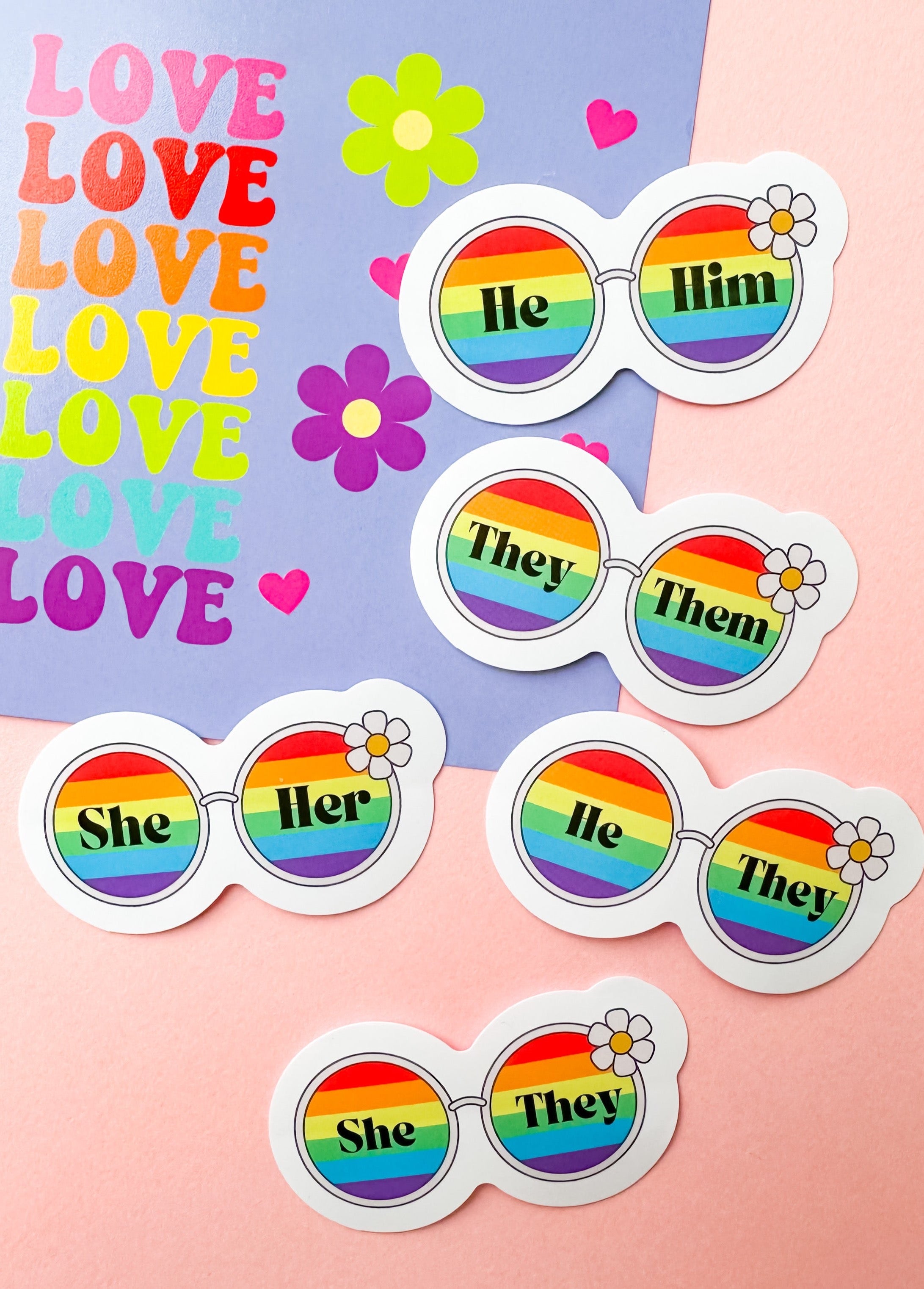 70s Sunglasses Pronouns Sticker | PRIDE Accessories – Rainbow Certified